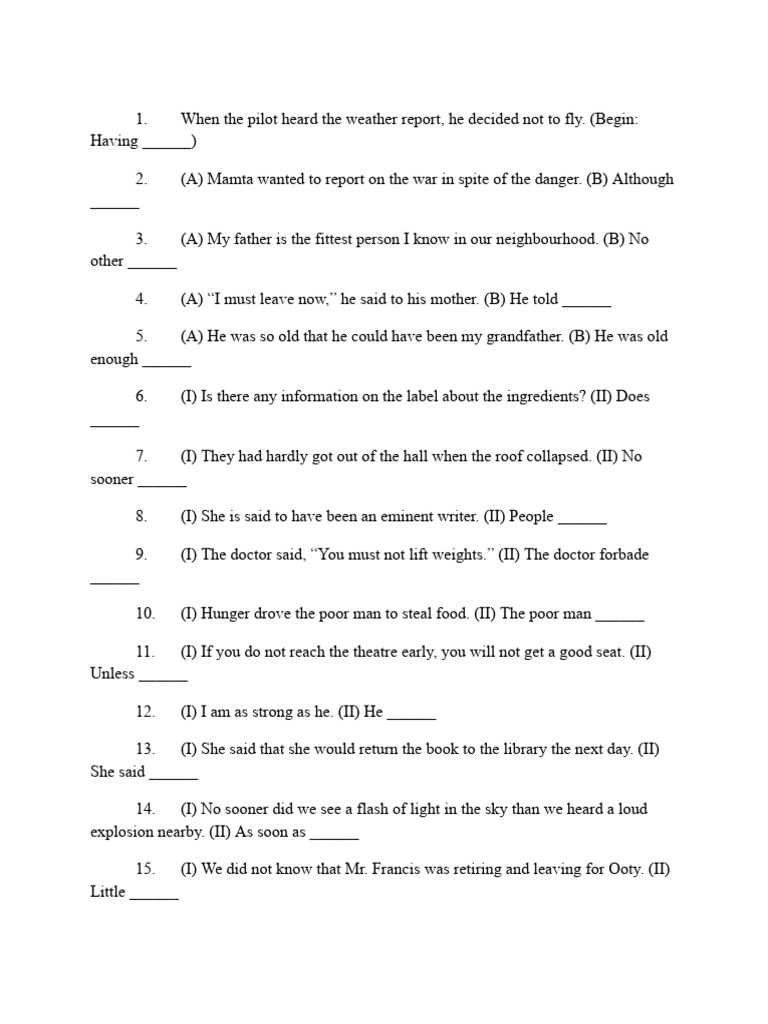 Class 11 Sentence Transformation Exercises | PDF