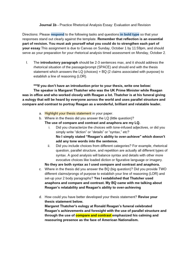 Rhetorical Analysis Essay Revision Guide | PDF | Essays | Ronald Reagan