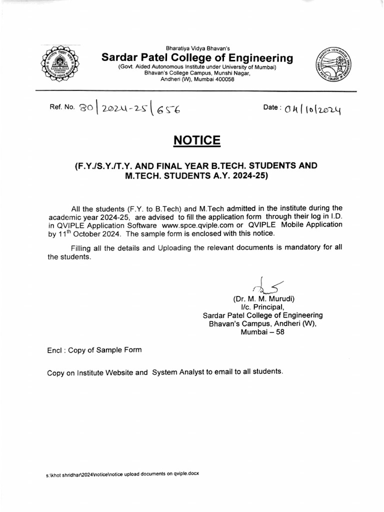 Notice For FY SY TY and Final Year BTech Students and MTech Students AY 2024-25 04102024 | PDF ...