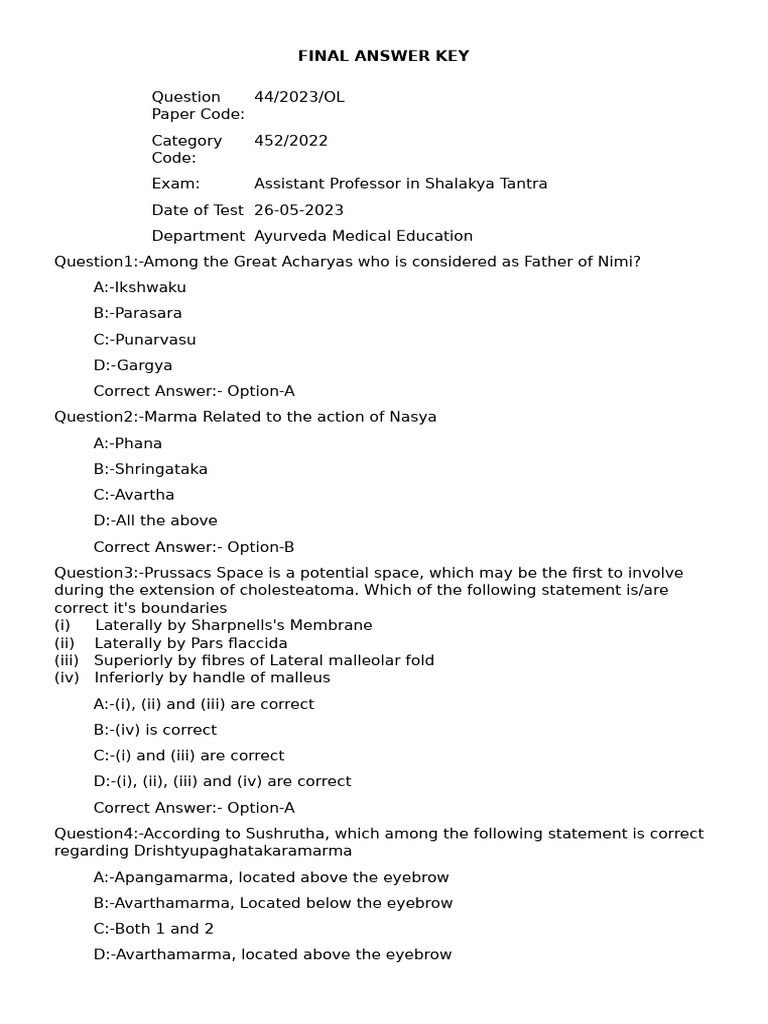 Final Answer Key Asst Professor Shalakya Tantra | PDF | Ear | Migraine