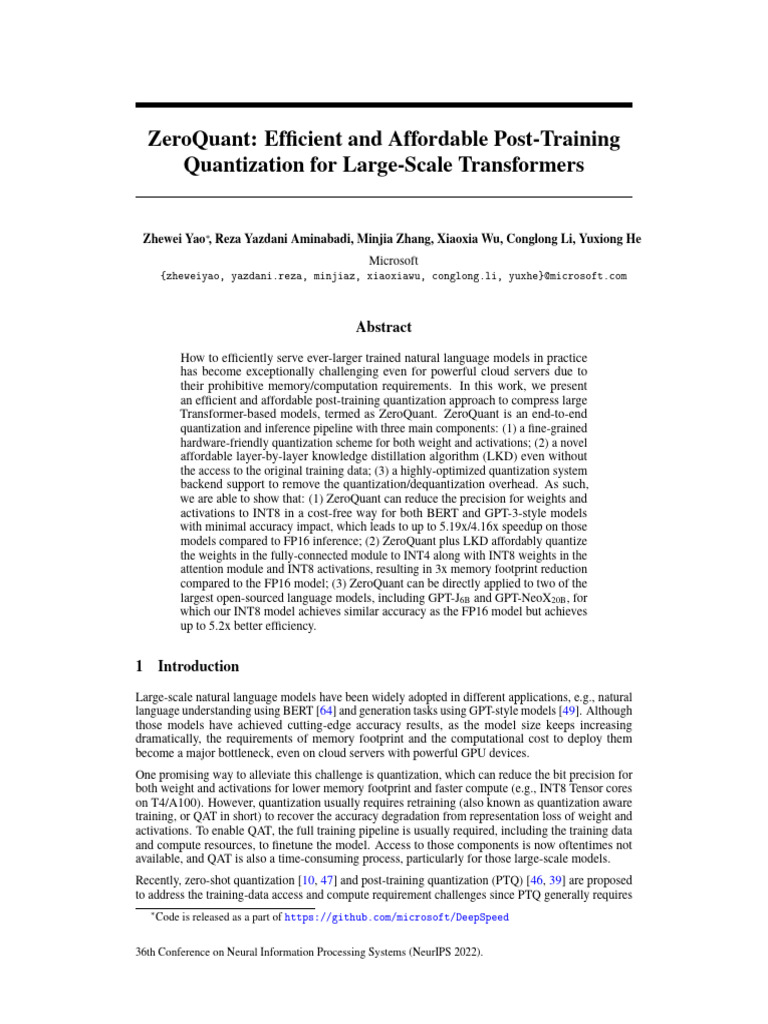 Zeroquant Efficient and Affordable Post Training Quantization for Large Scale Transformers Paper ...