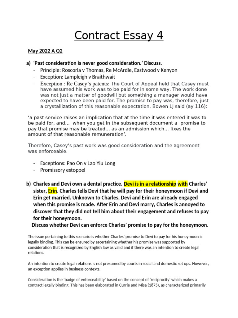 Contract Essay 4 (Consideration) (1) | PDF | Consideration | Law Of ...