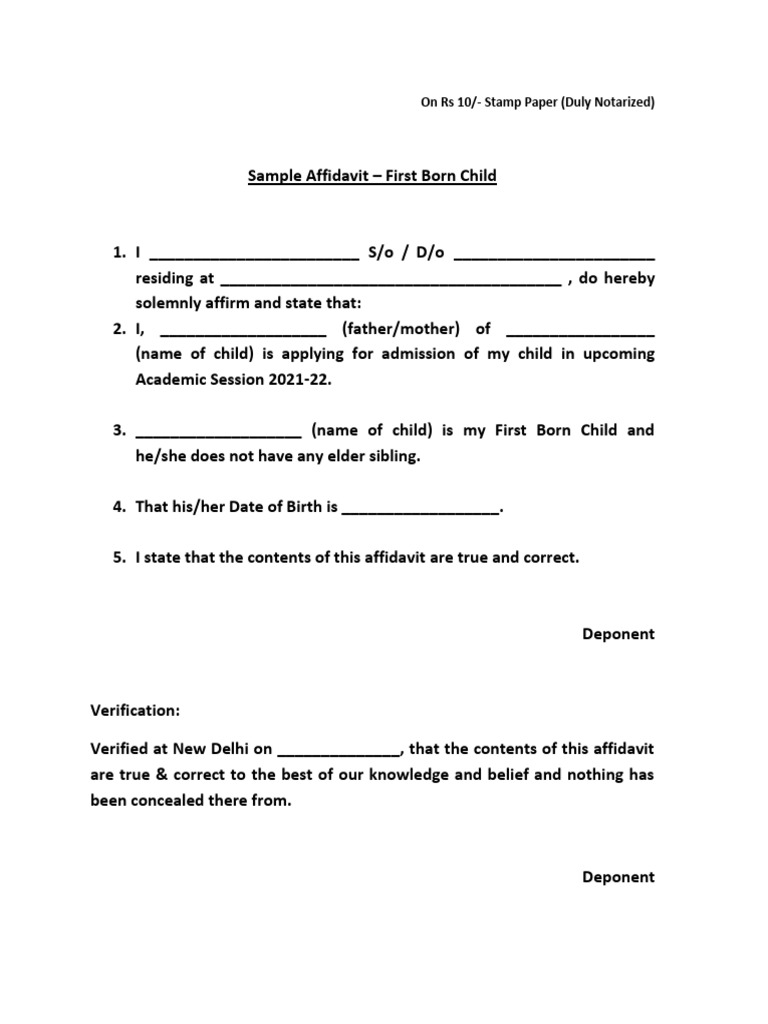 First Born Child Affidavit Sample Delhi | PDF