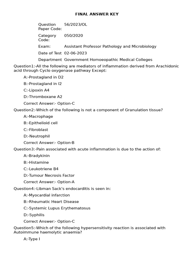 Final Answer Key Asst Profesor Pathology and Microbio | PDF | Antigen | Carcinoma