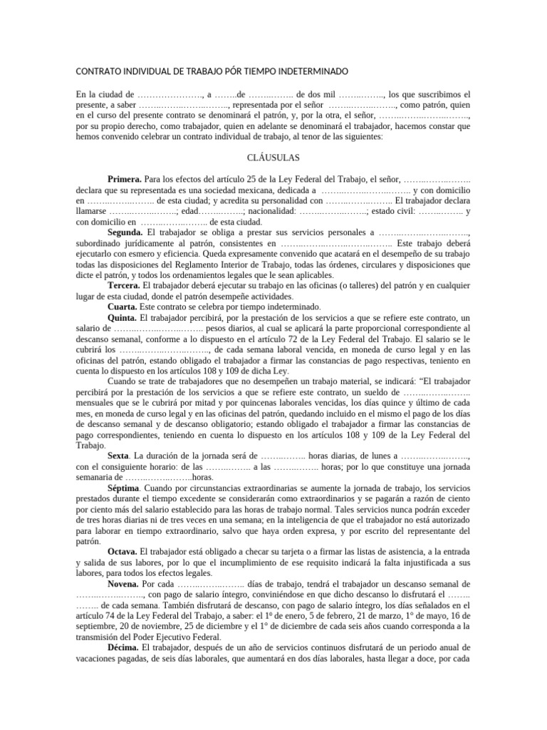 Contrato Individual de Trabajo Por Tiempo Indeterminado | PDF | Tiempo de trabajo | Salario