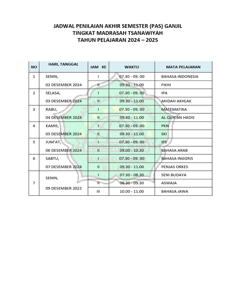 JADWAL PAS | PDF
