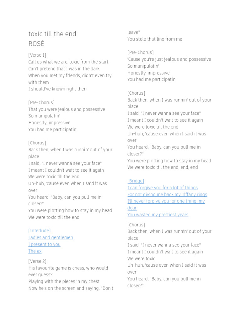 ROSÉ - Toxic Till The End | PDF | Songs | Song Forms