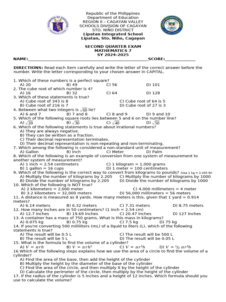 Math 7 2nd Periodic Test 50 Items | PDF | Volume | Area
