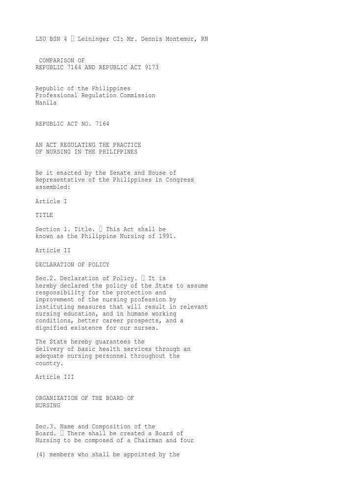 RA 7164 vs. RA 9173 | PDF | Licensure | Nursing