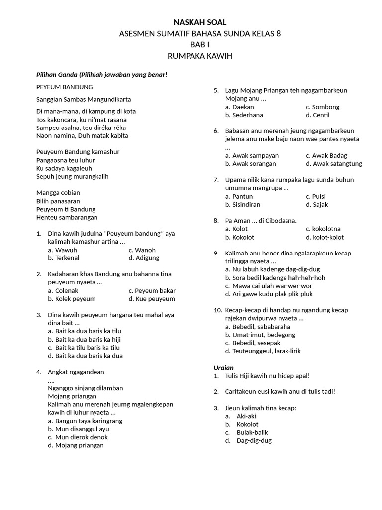 Naskah Soal PTS Bahasa Sunda Kelas 8 | PDF