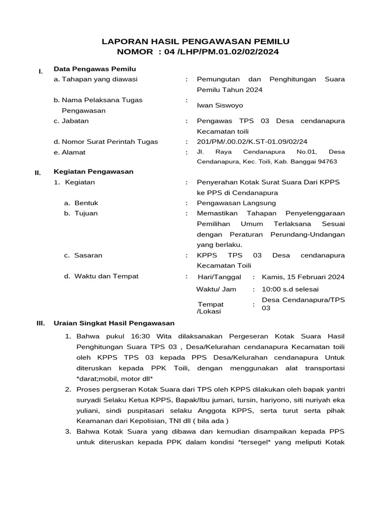 Draft Form A Iwan Pergeseran Kotak Suara Dari KPPS Ke PPS Dan PPK | PDF