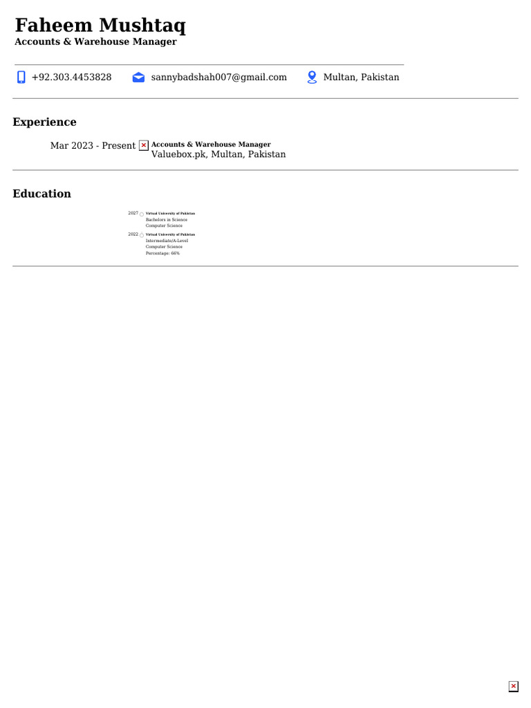 Faheem Mushtaq: Accounts & Warehouse Manager Profile | PDF
