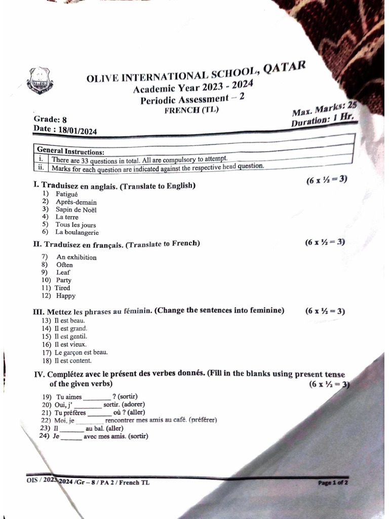 Sample Paper - Grade 7 | PDF