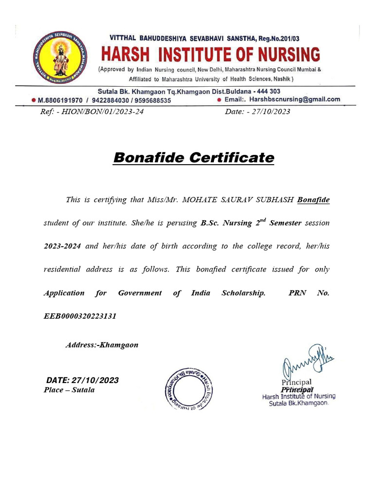 BSC Nursing Bonafide 2nd Semester PDF | PDF