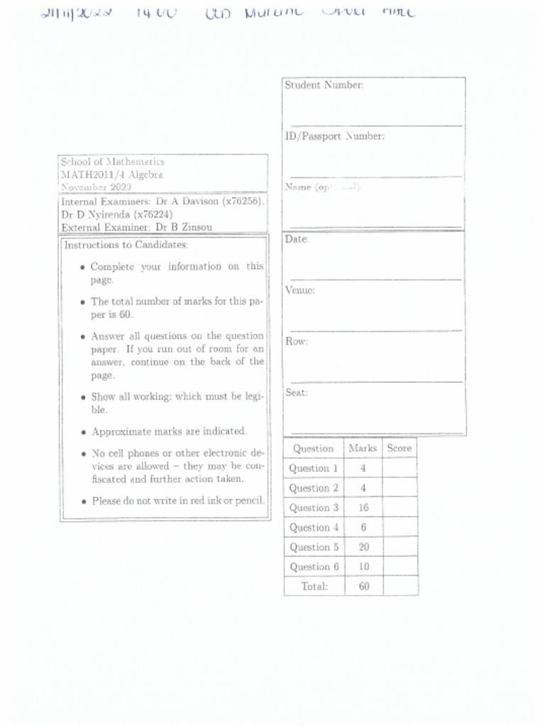 MATH2011 MATH2014 - Algebra NOV 2022 | PDF