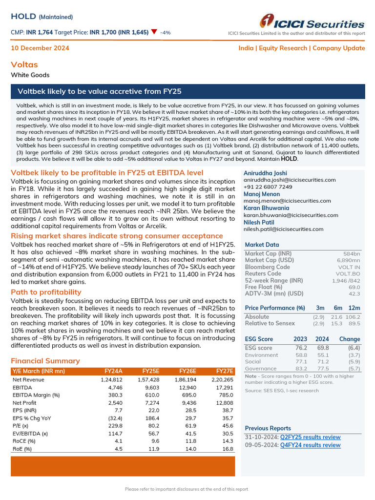 ICICI Securities Sees 4 DOWNSIDE in Voltas Voltbek Likely To Be | PDF ...