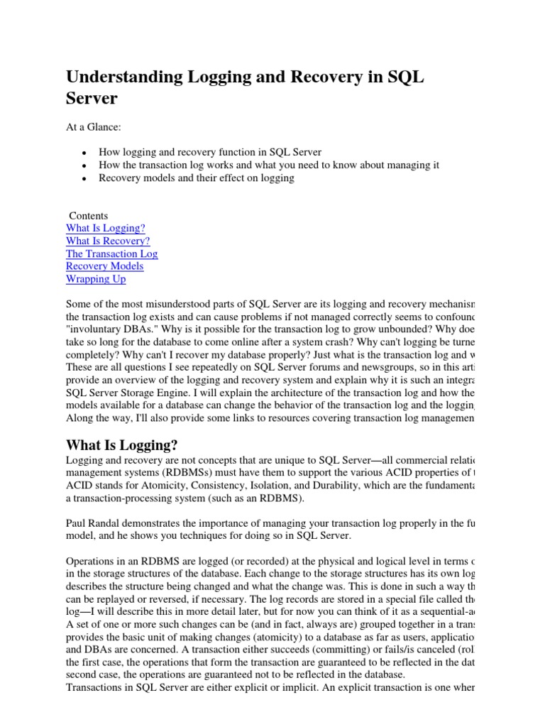 Understanding Logging and Recovery in SQL Server | Download Free PDF | Database Transaction ...