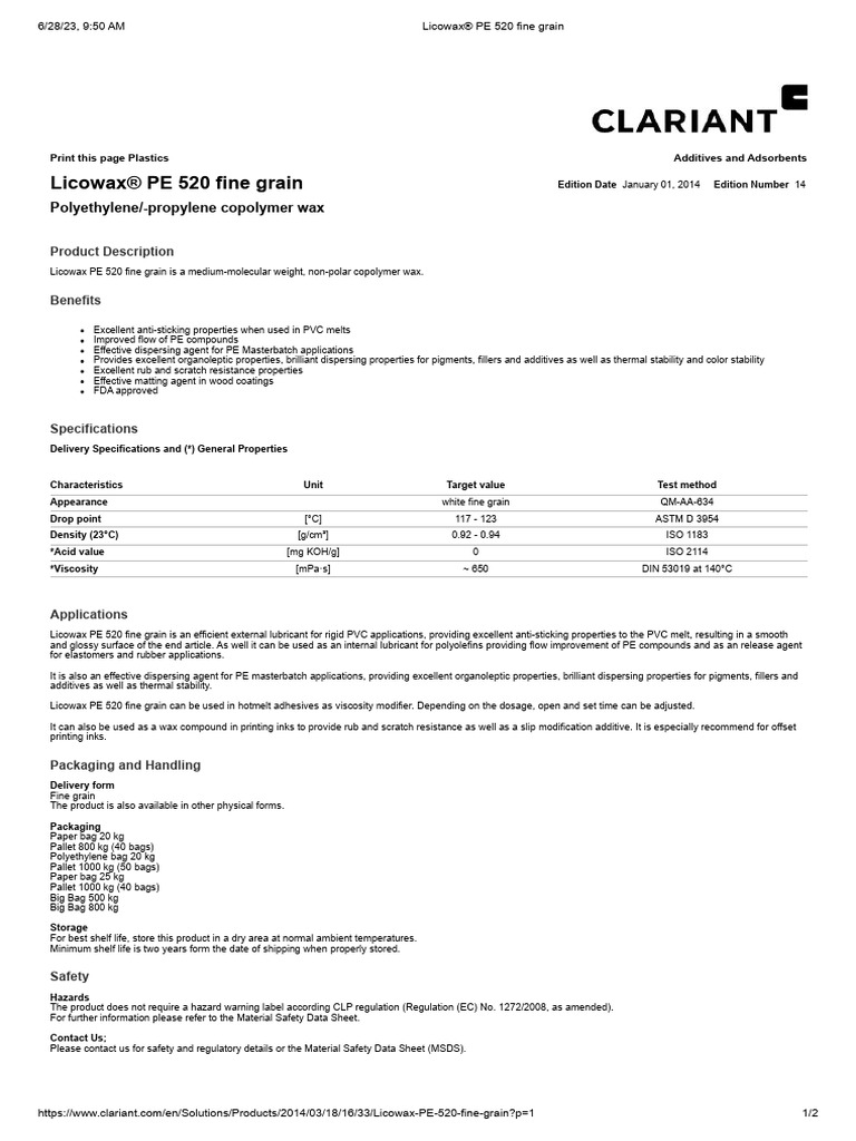 Licowax® PE 520 Fine Grain | PDF | Polyethylene | Wax