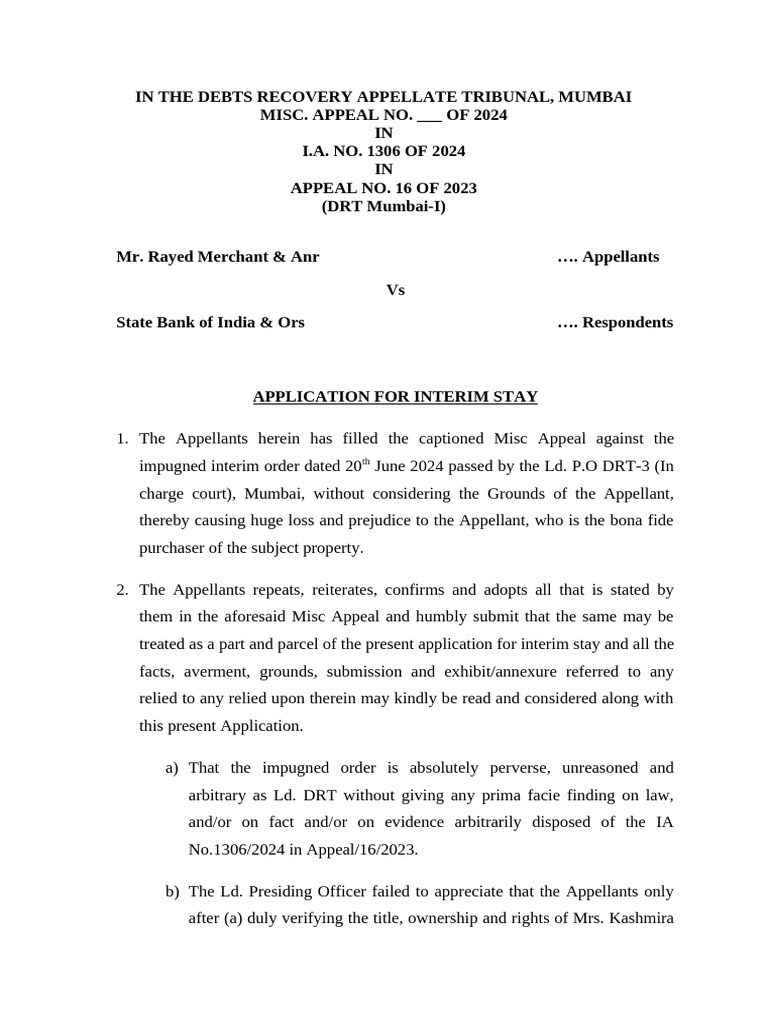 Interim Stay Application in DRT Mumbai | PDF | Mortgages | Property