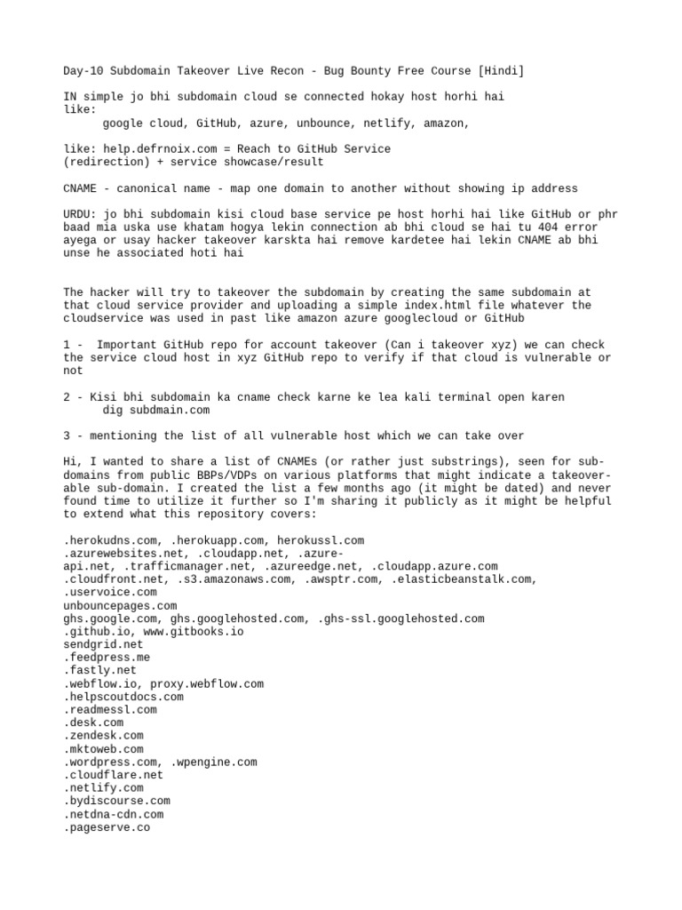 Day-10 Subdomain Takeover Live Reco | PDF