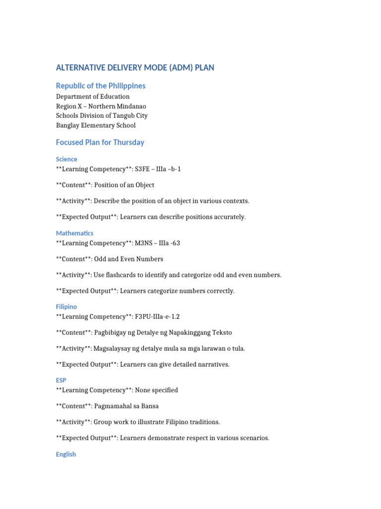 ADM Plan Thursday Focus | PDF