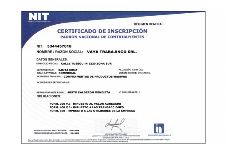 Nit Certificado de Inscripcion | PDF