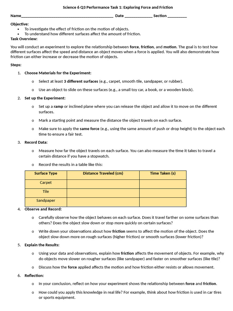 Science 6 Q3 Performance Task 1 | PDF | Friction | Force