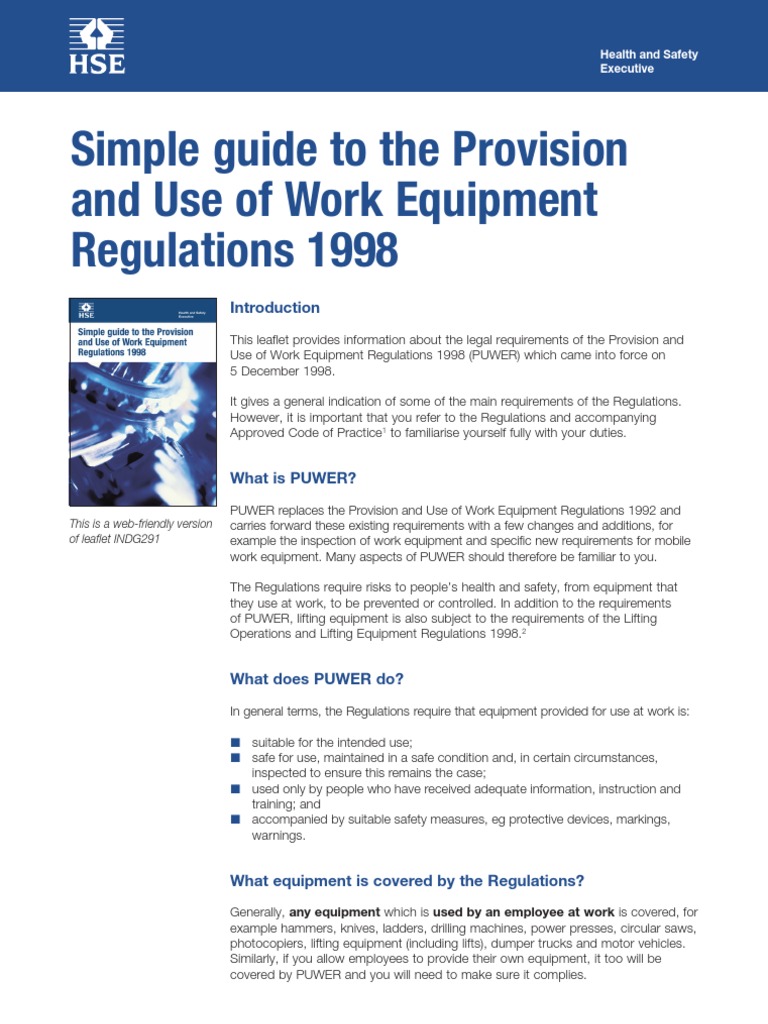 Simple Guide To The Provision and Use of Work Equipment Regulations ...