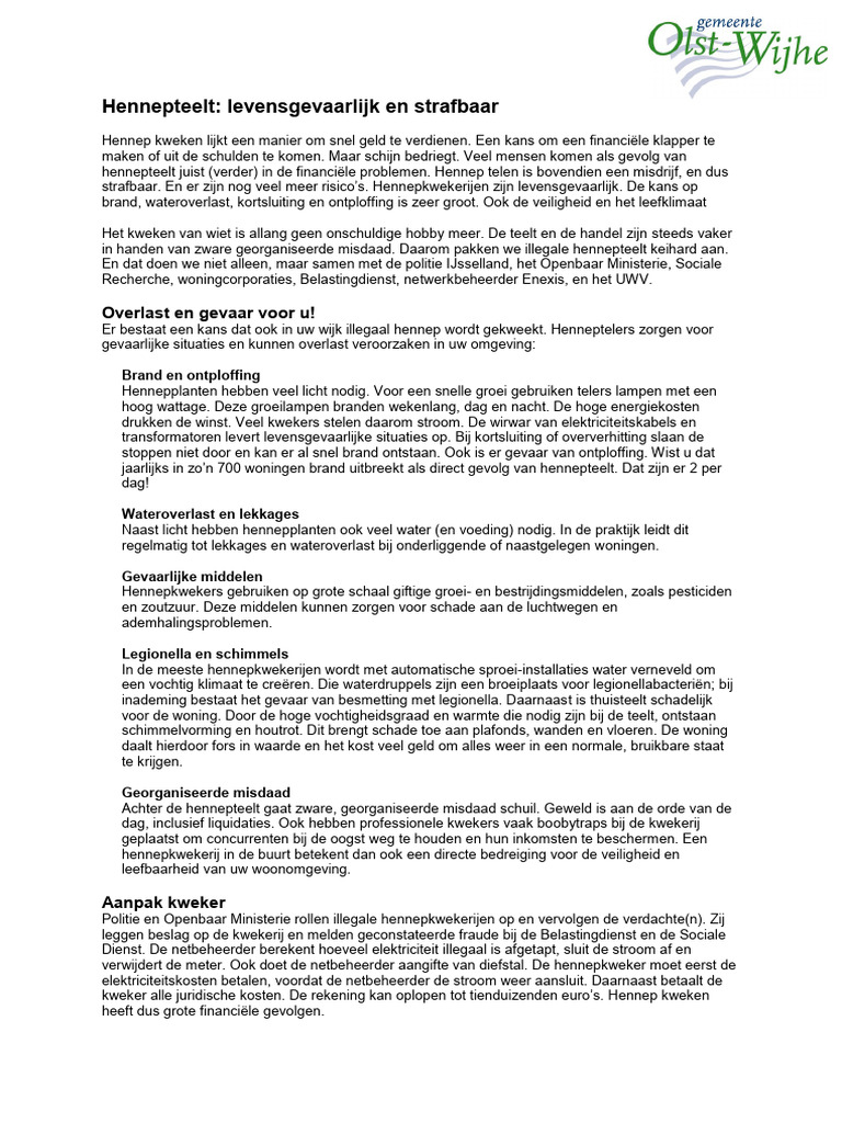 Hennepteelt - Levensgevaarlijk en Strafbaar Olst-Wijhe | PDF