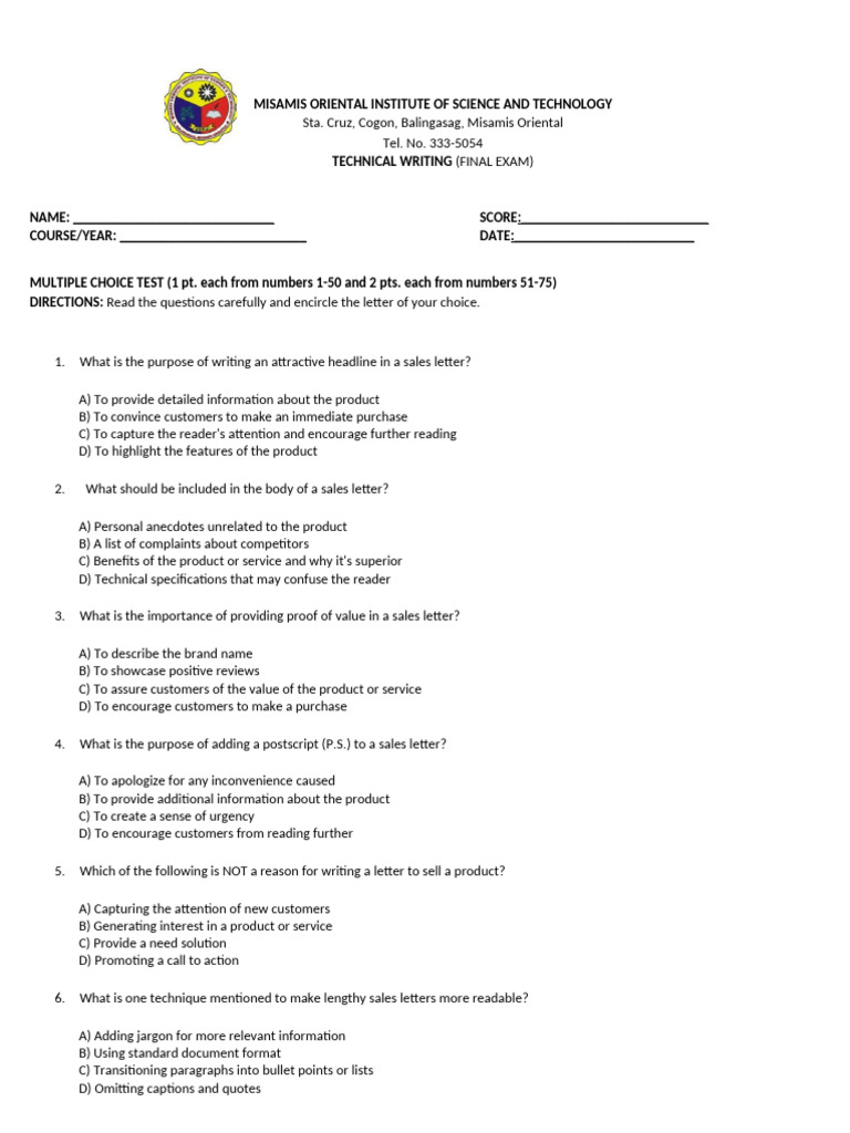 Technical Writing Final Exam Guide | PDF | Memorandum | Microsoft Power ...