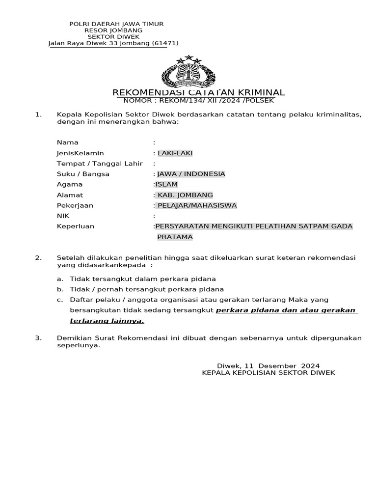 Contoh Rekomendasi SKCK | PDF