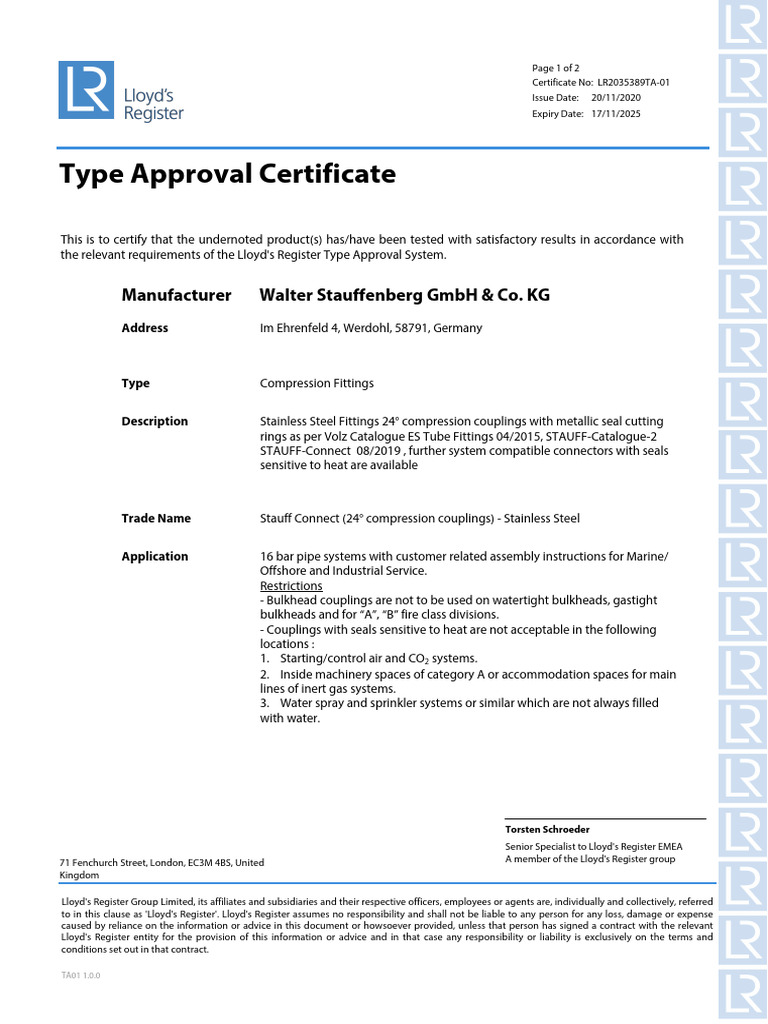 Type Approval Certificate for Stauff Connect | PDF | Legal Liability