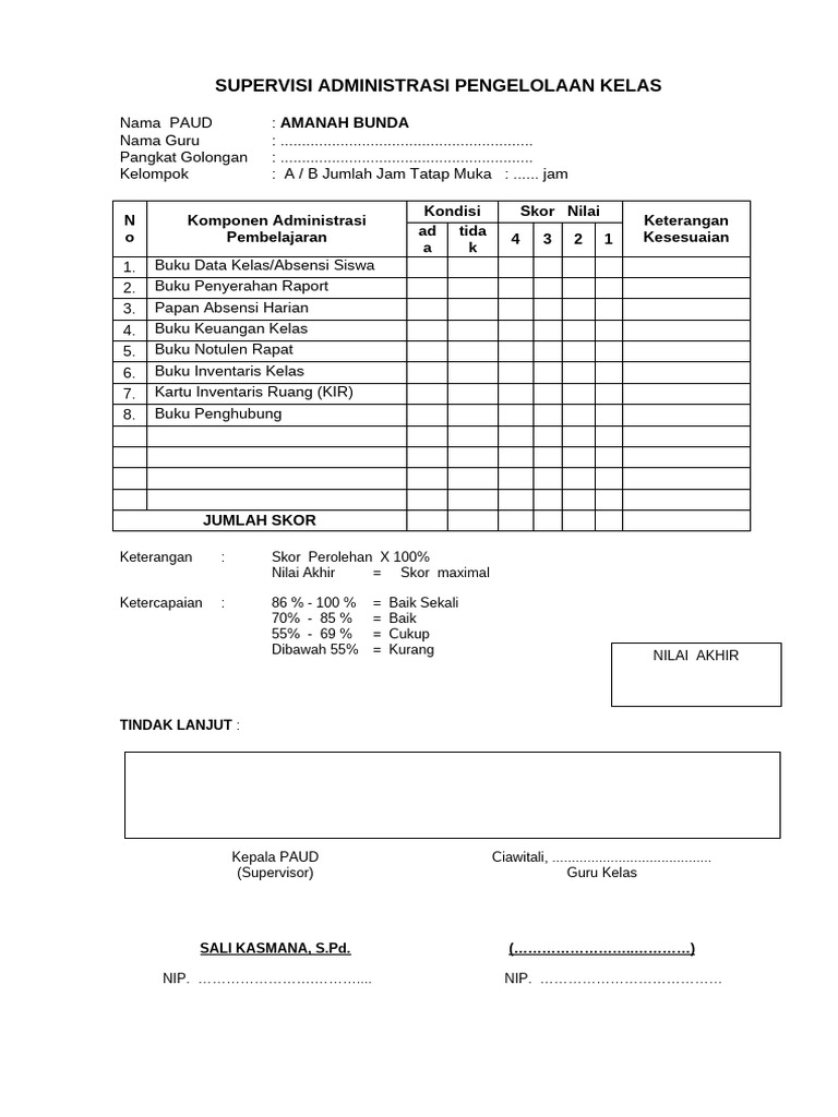 Instrumen Supervisi Administrasi Kelas | PDF