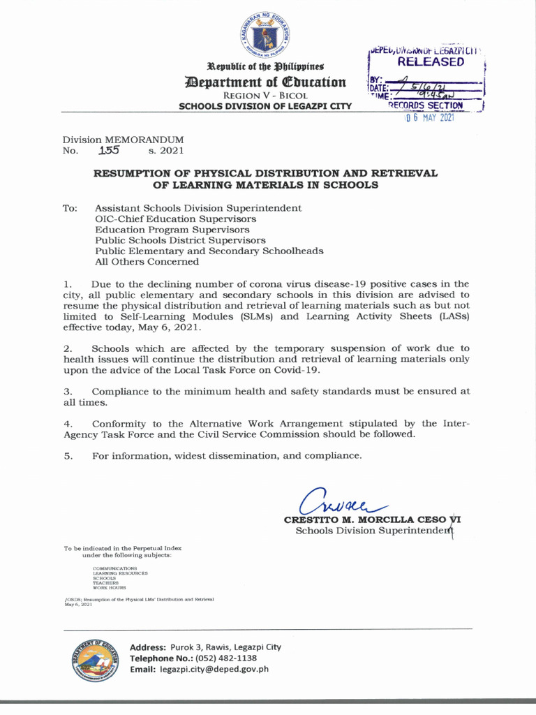 DM No. 155 S 2021 Resumption of Physical Distribution and Retrieval of ...