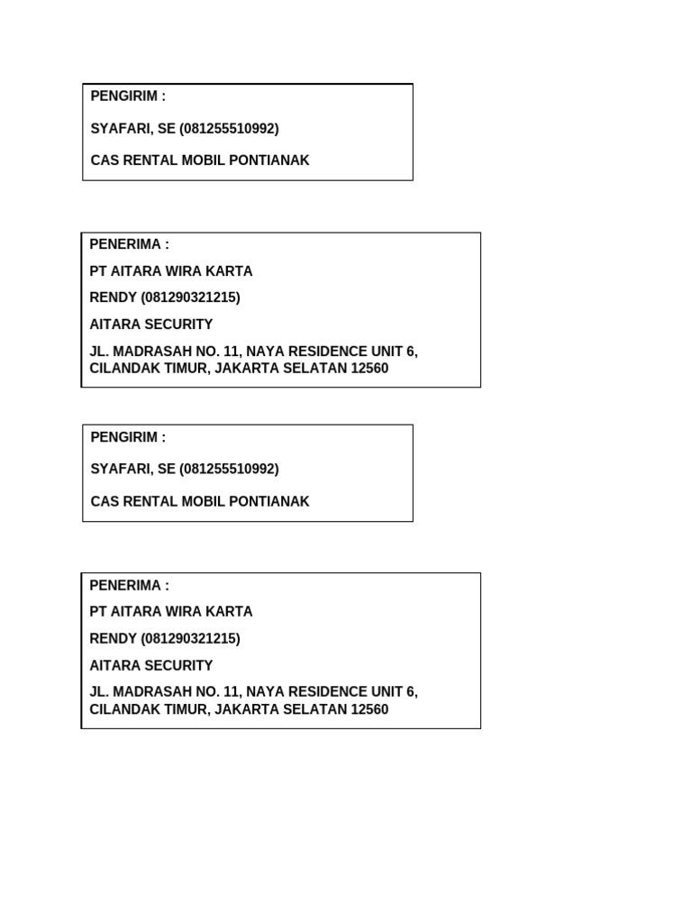 Alamat Pengirim Dan Penerima PT Aitara | PDF