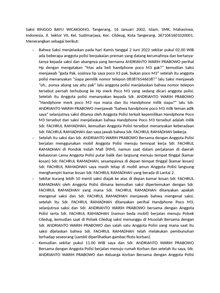 Resume Saksi Ringgo Bayu Wicaksono | PDF