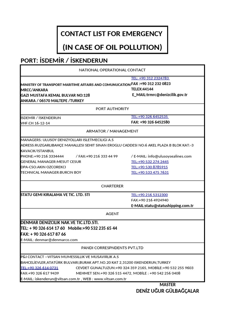 Isdemir Port Emergency Contact List | PDF