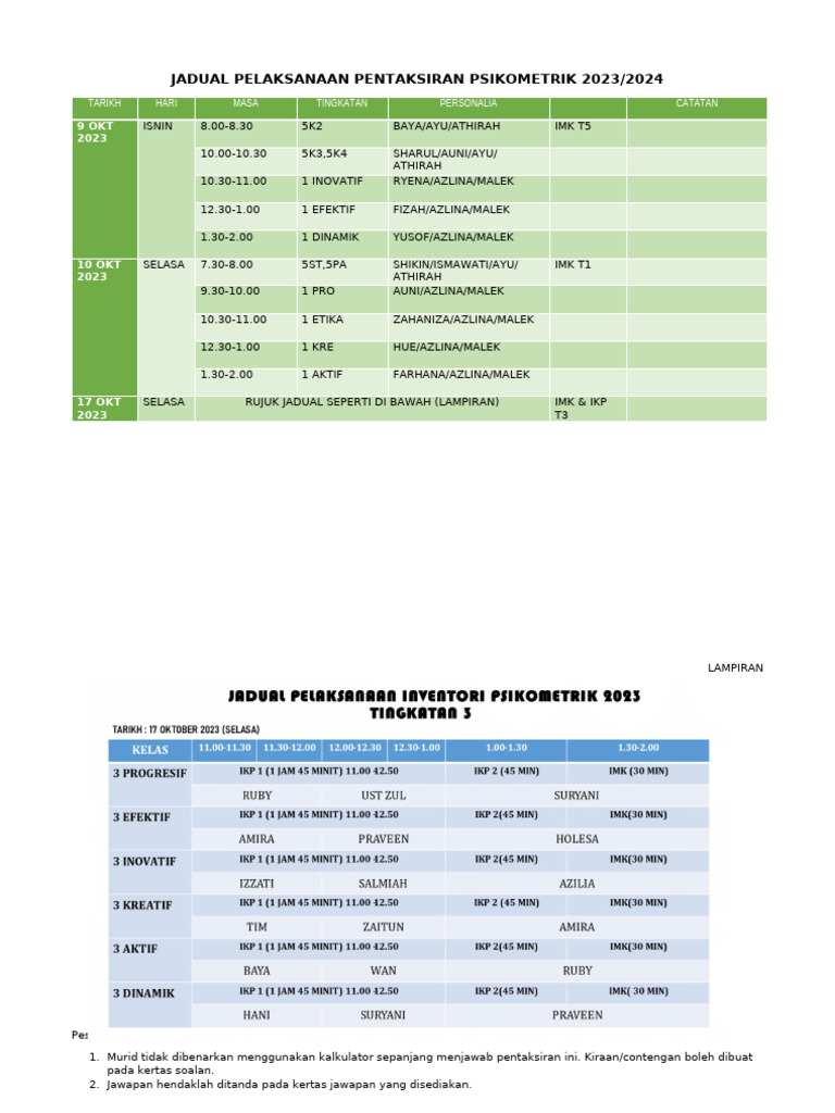 Jadual Pelaksanaan Pentaksiran Psikometrik 2023 | PDF