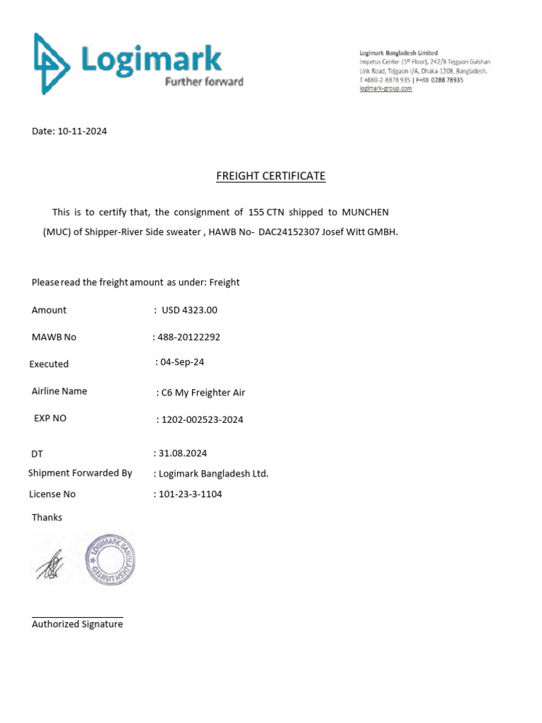 Freight... Certificate-DAC24152307 | PDF