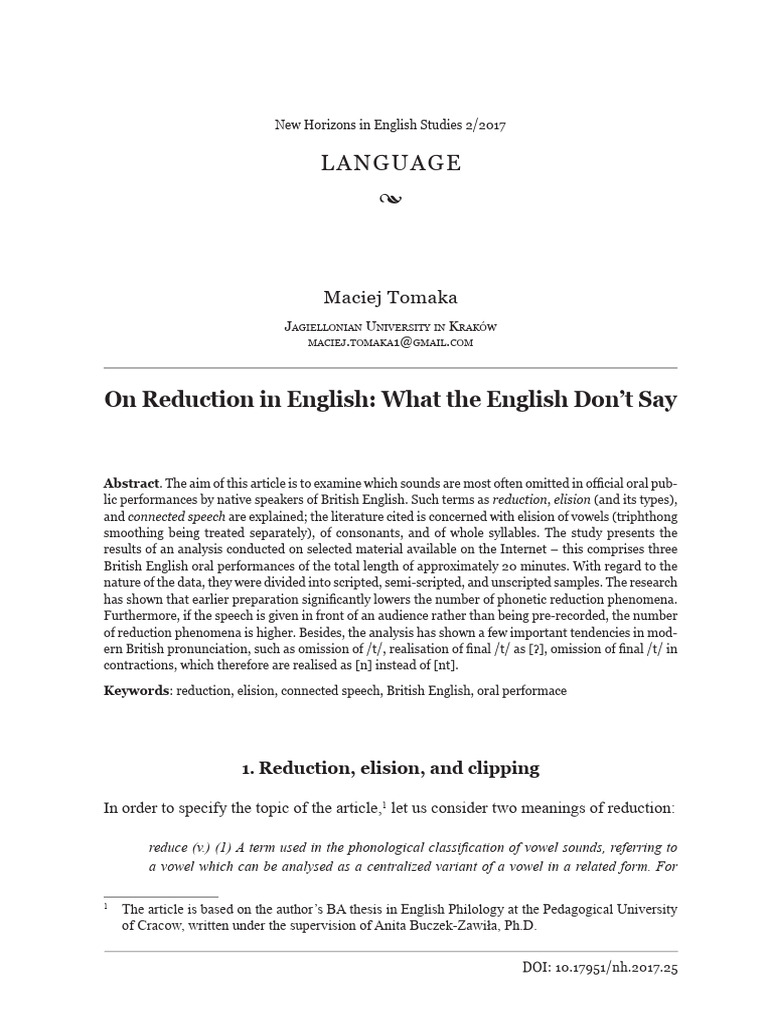 On Reduction in English What The en | PDF | English Language | Syllable