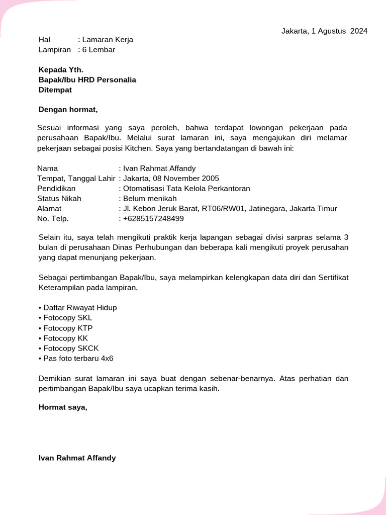 Surat Lamaran Kerja Dapur MBG | PDF