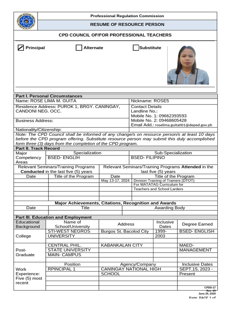 Resume of Resource Persons and PRC ID | PDF