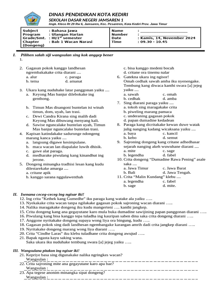 Soal Uh Bahasa Jawa Kelas 3 Bab 1 | PDF
