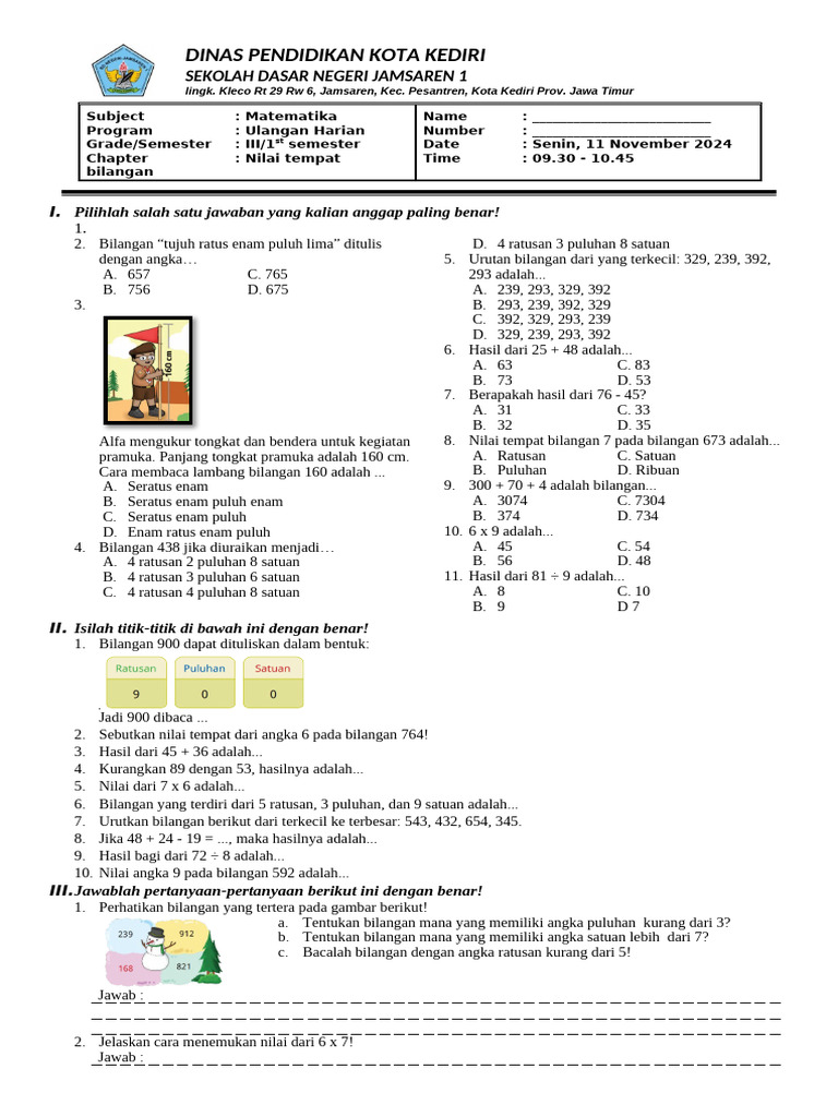 SOAL UH MATH KELAS 3 BAB 1 | PDF