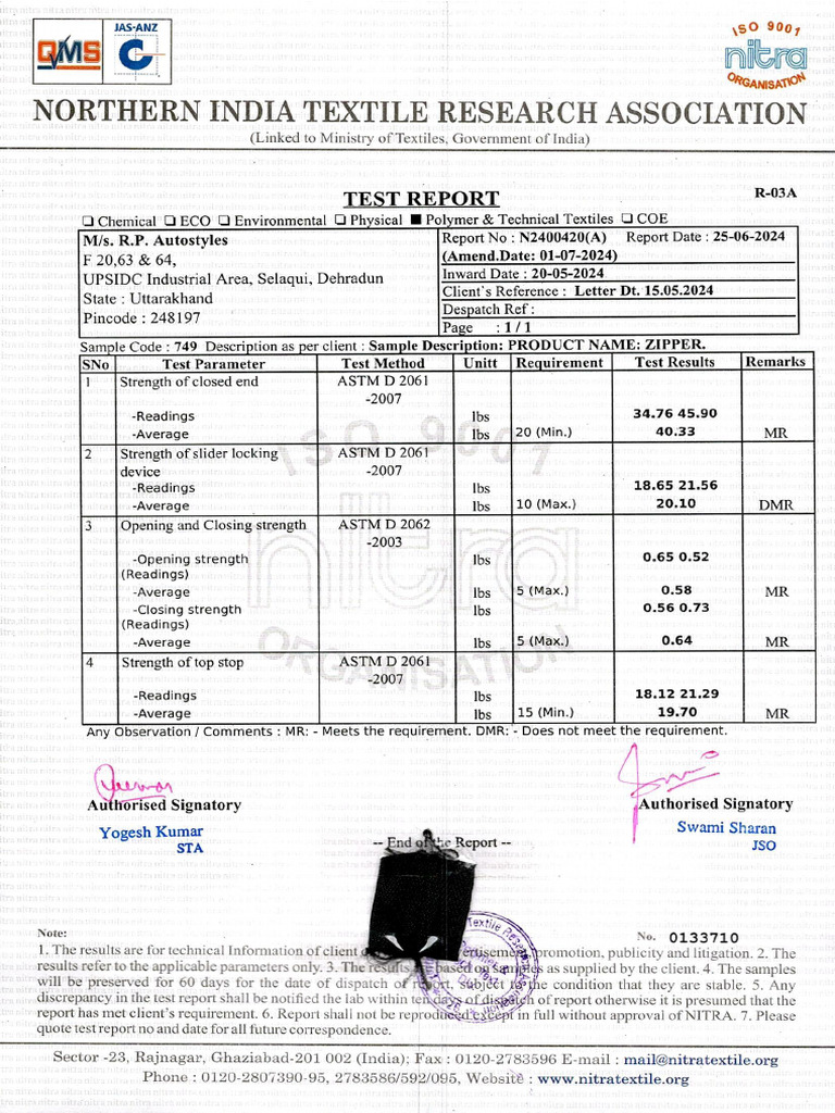 R.P. Autostyles Test Report (N2400420 (A) | PDF