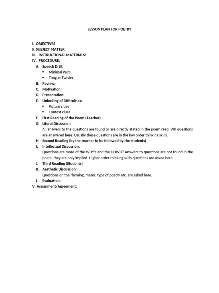Lesson Plan For Poetry | PDF