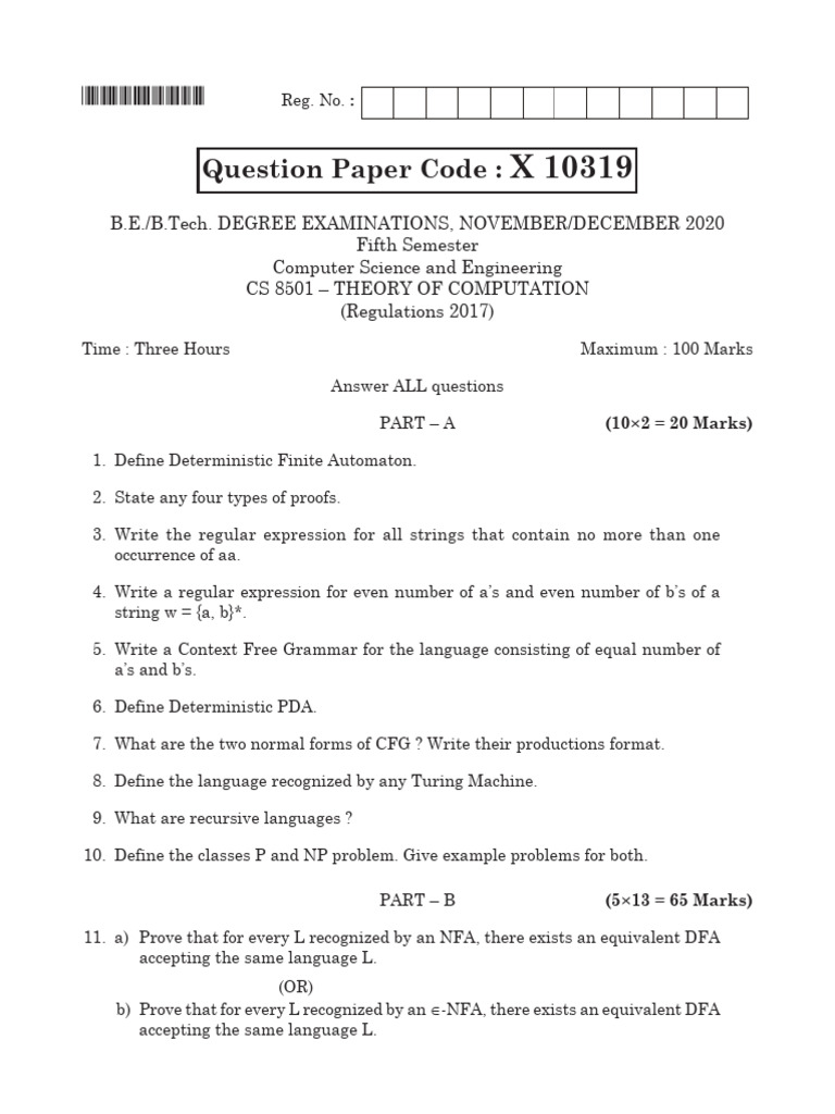 Theory of Computation - CS8501 2017 Regulation - Semester Question Paper 2020 Nov Dec | PDF ...