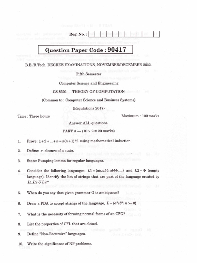 Theory of Computation - CS8501 2017 Regulation - Semester Question Paper 2022 Nov Dec | PDF ...