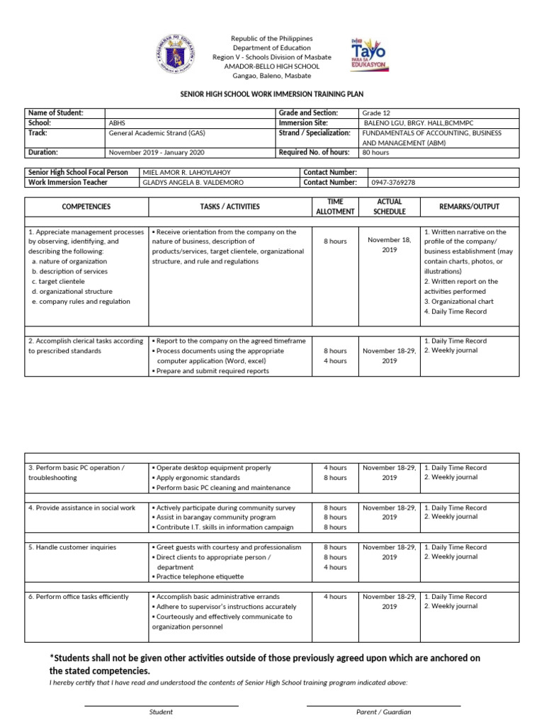 Work Immersion Training Plan PDF Free | PDF
