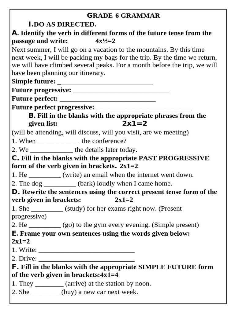 Grade 6 Future Tense Grammar Exercises | PDF